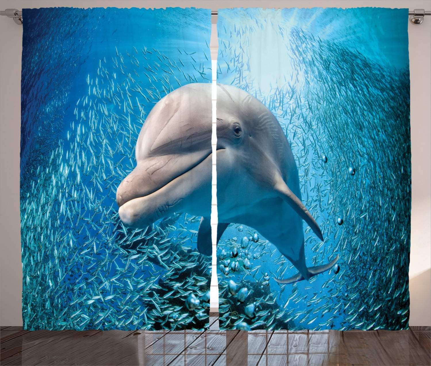 Ambesonne Fish Curtains 2 Panel Set, Dolphin in Ocean Marine, 108" x 90 ...