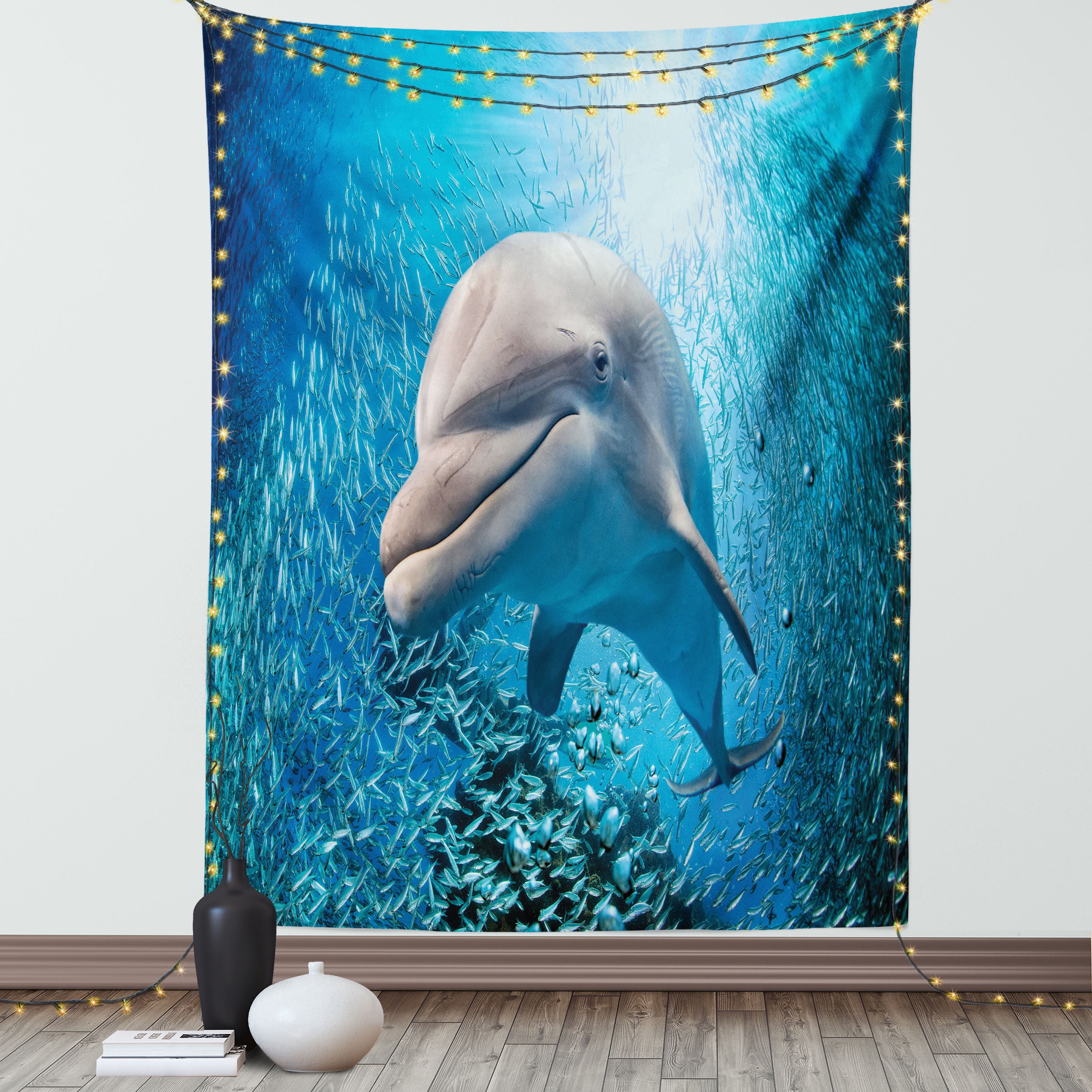 Sea Animals Decor Tapestry, A Bottlenose Dolphin in Ocean Fish Sunlight ...