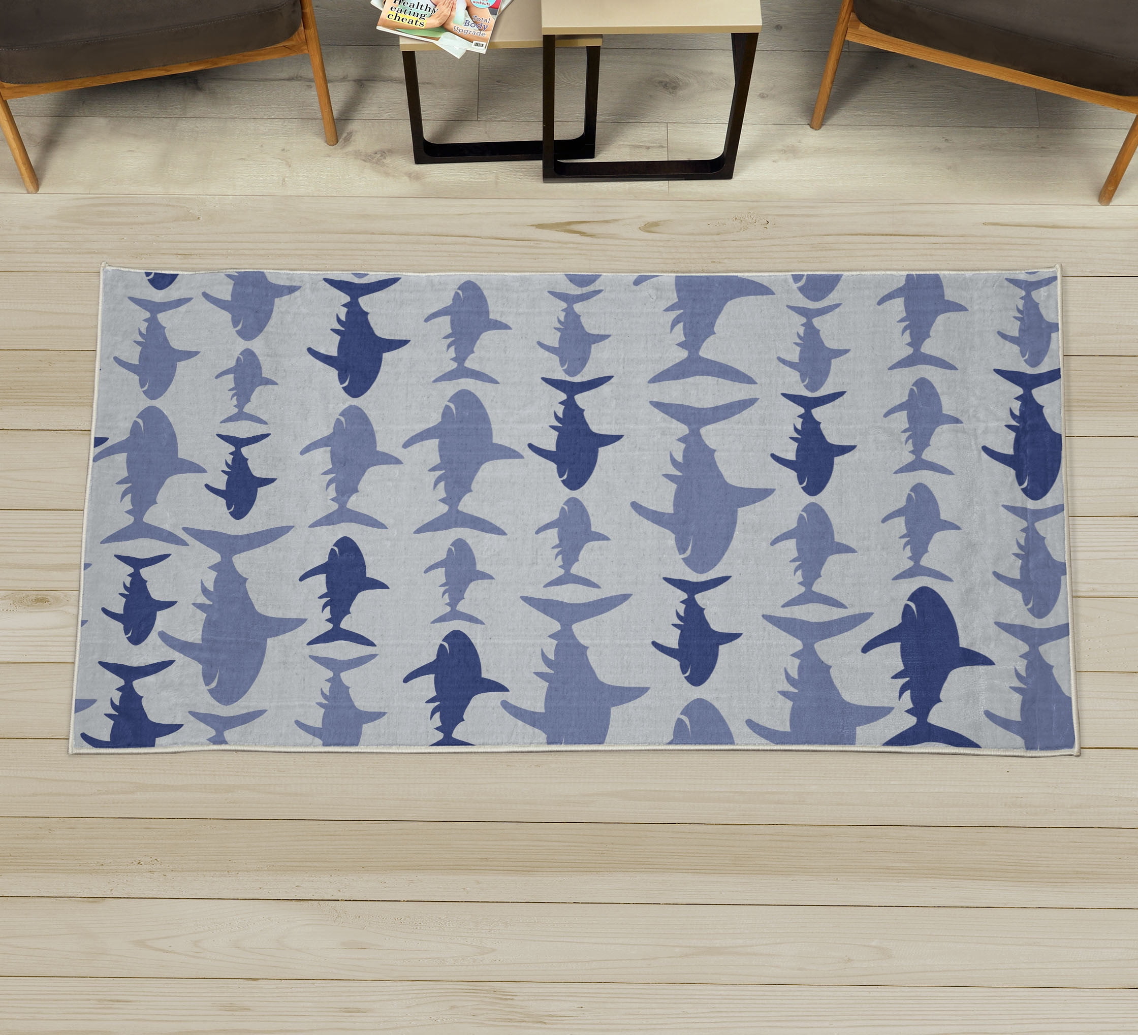 Sea Animals Decorative Rug, Monochrome Shark Illustration Fashion ...