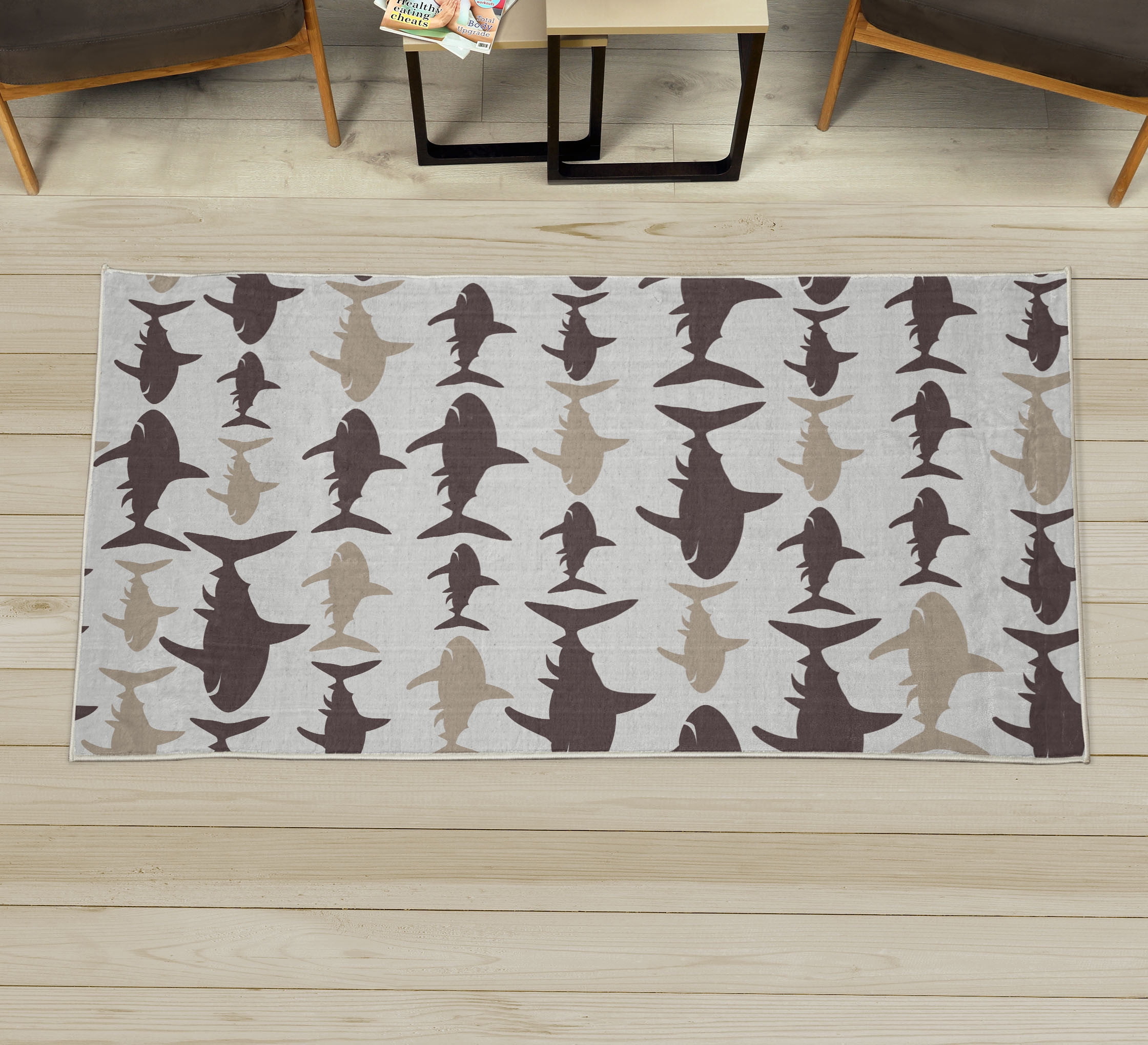 Sea Animals Decorative Rug, Monochrome Shark Illustration Fashion ...