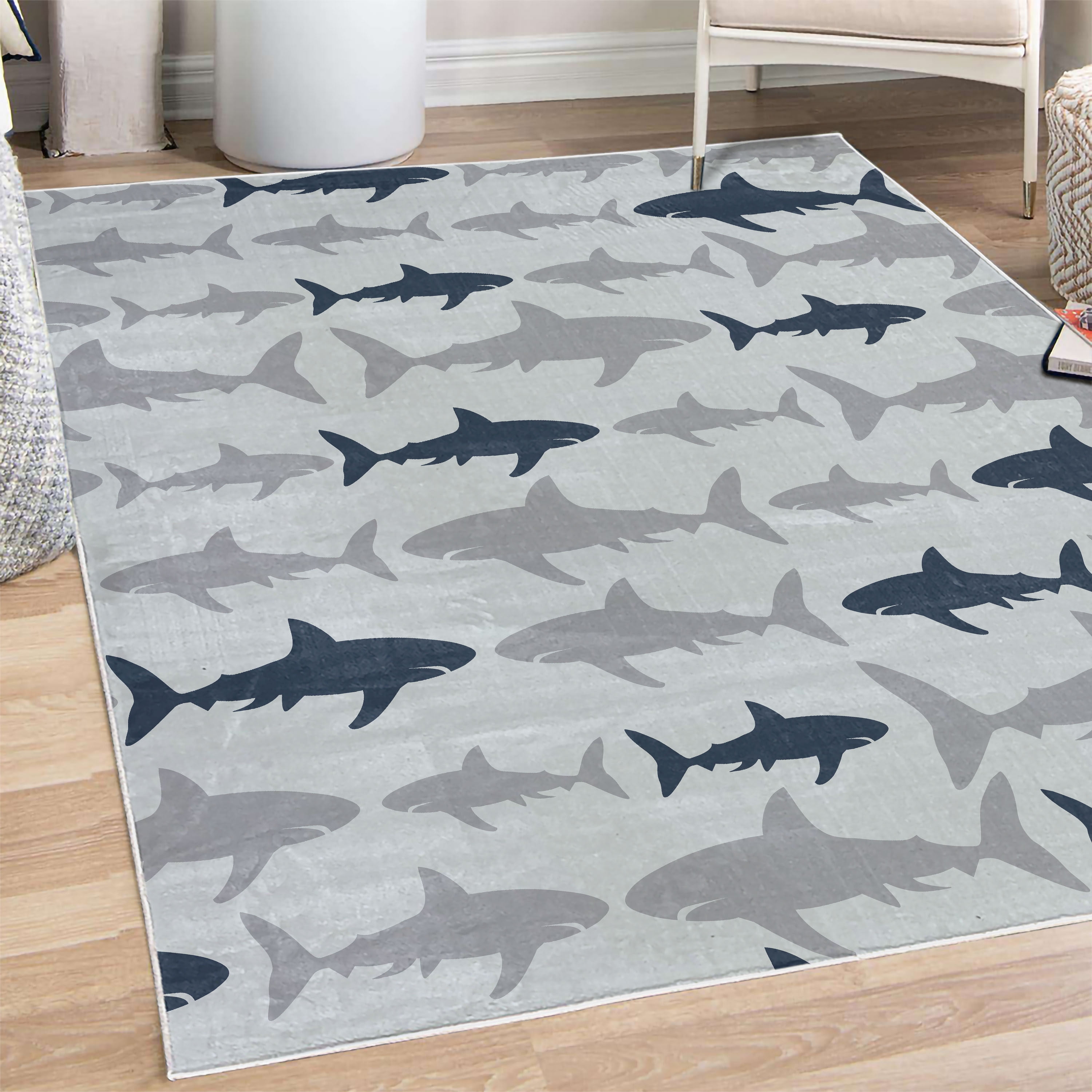 Sea Animals Decorative Rug, Monochrome Shark Illustration Fashion ...