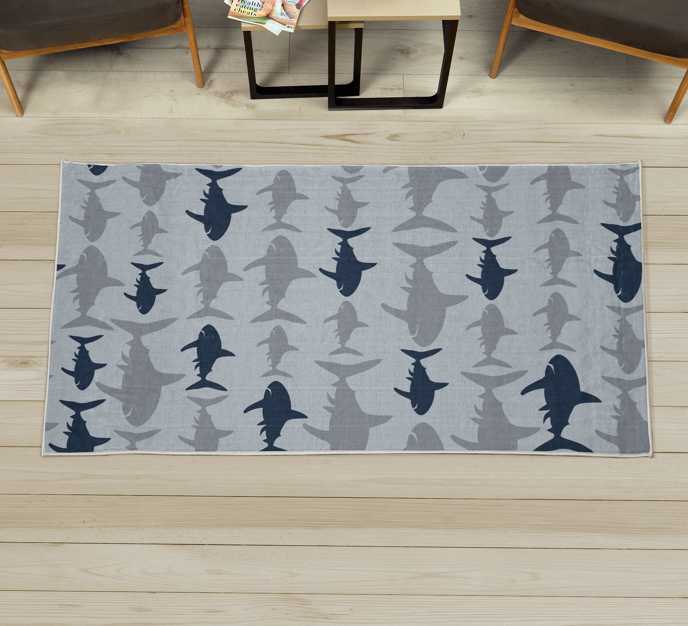 Sea Animals Decorative Rug, Monochrome Shark Illustration Fashion ...