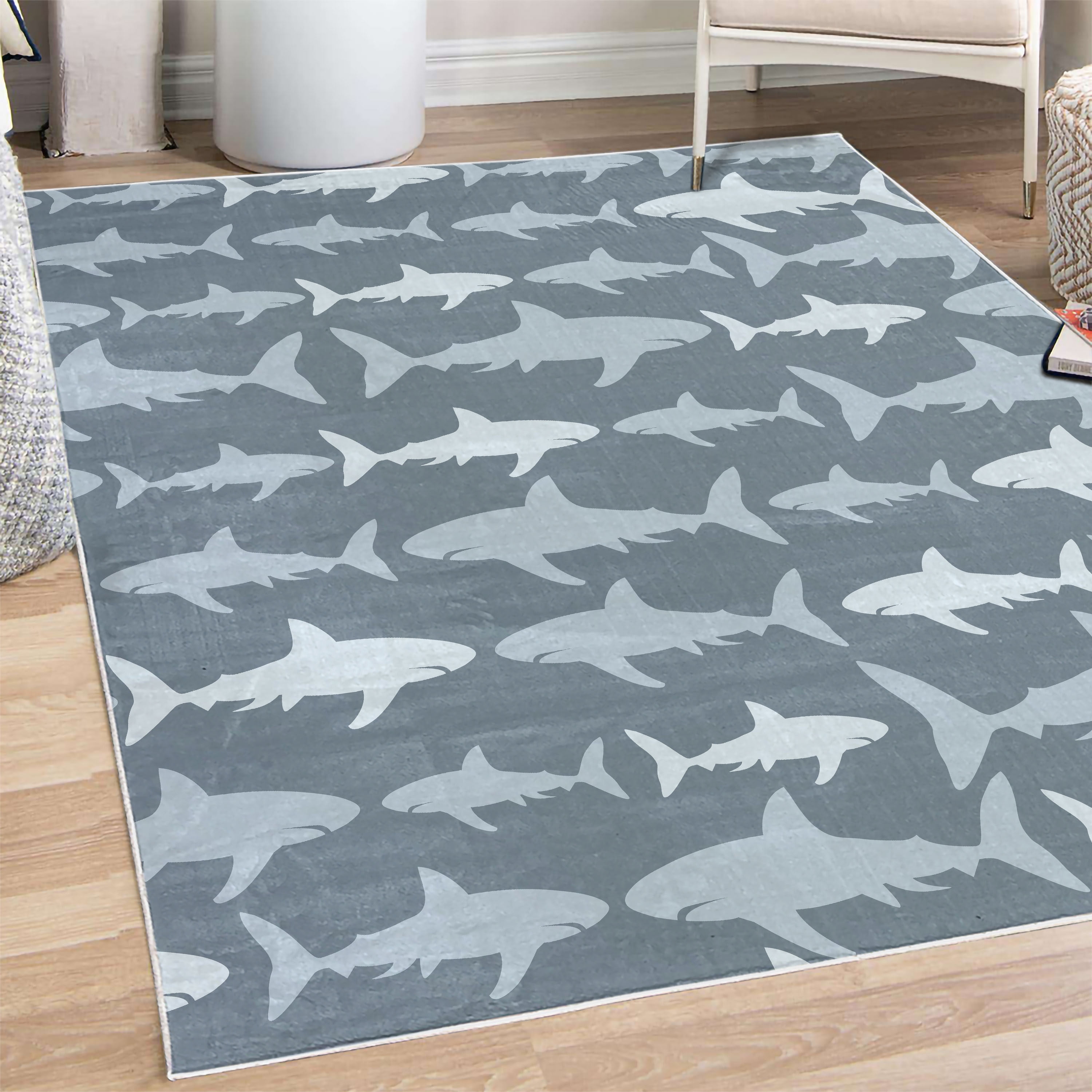 Sea Animals Decorative Rug, Monochrome Shark Illustration Fashion ...
