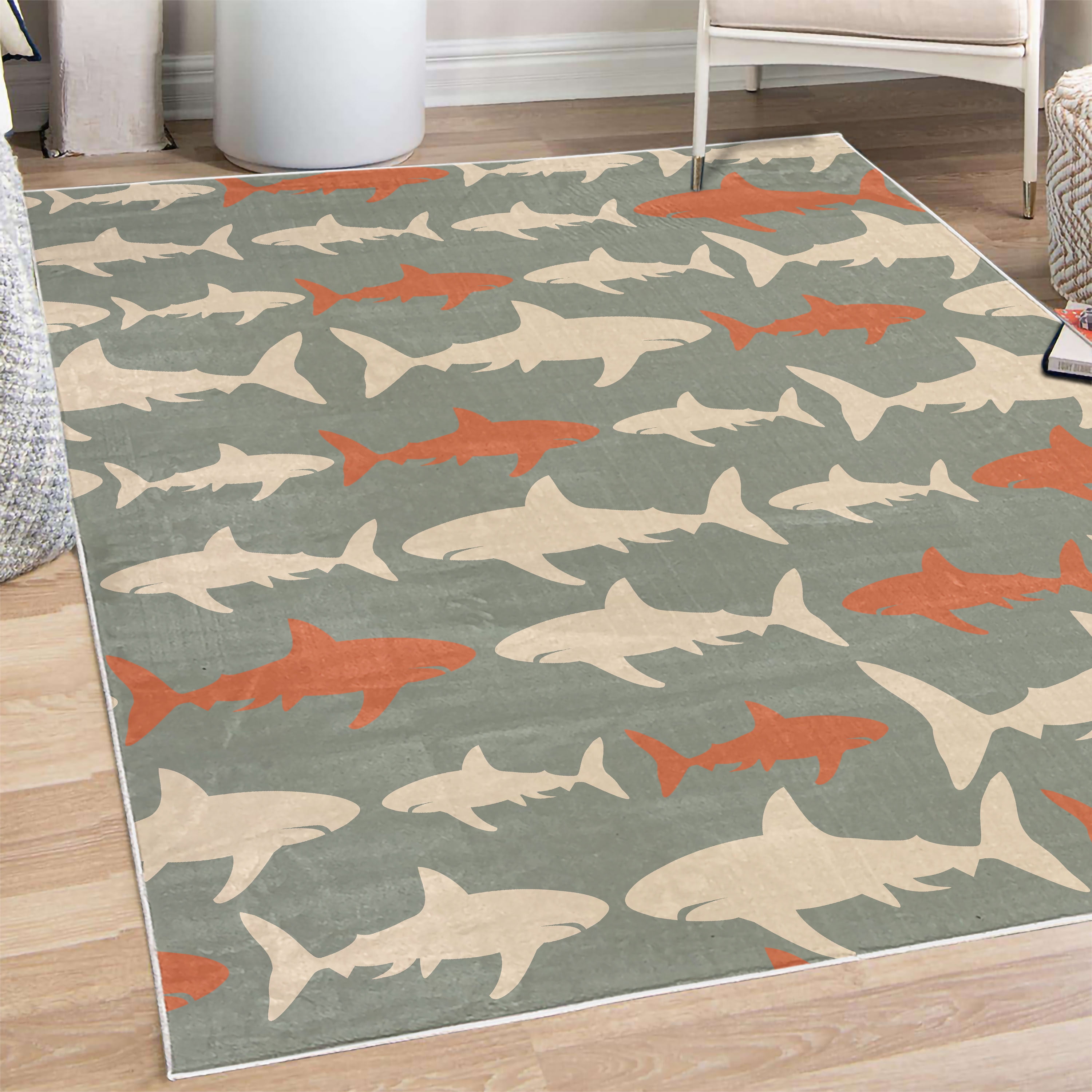 Sea Animals Decorative Rug, Monochrome Shark Illustration Fashion ...