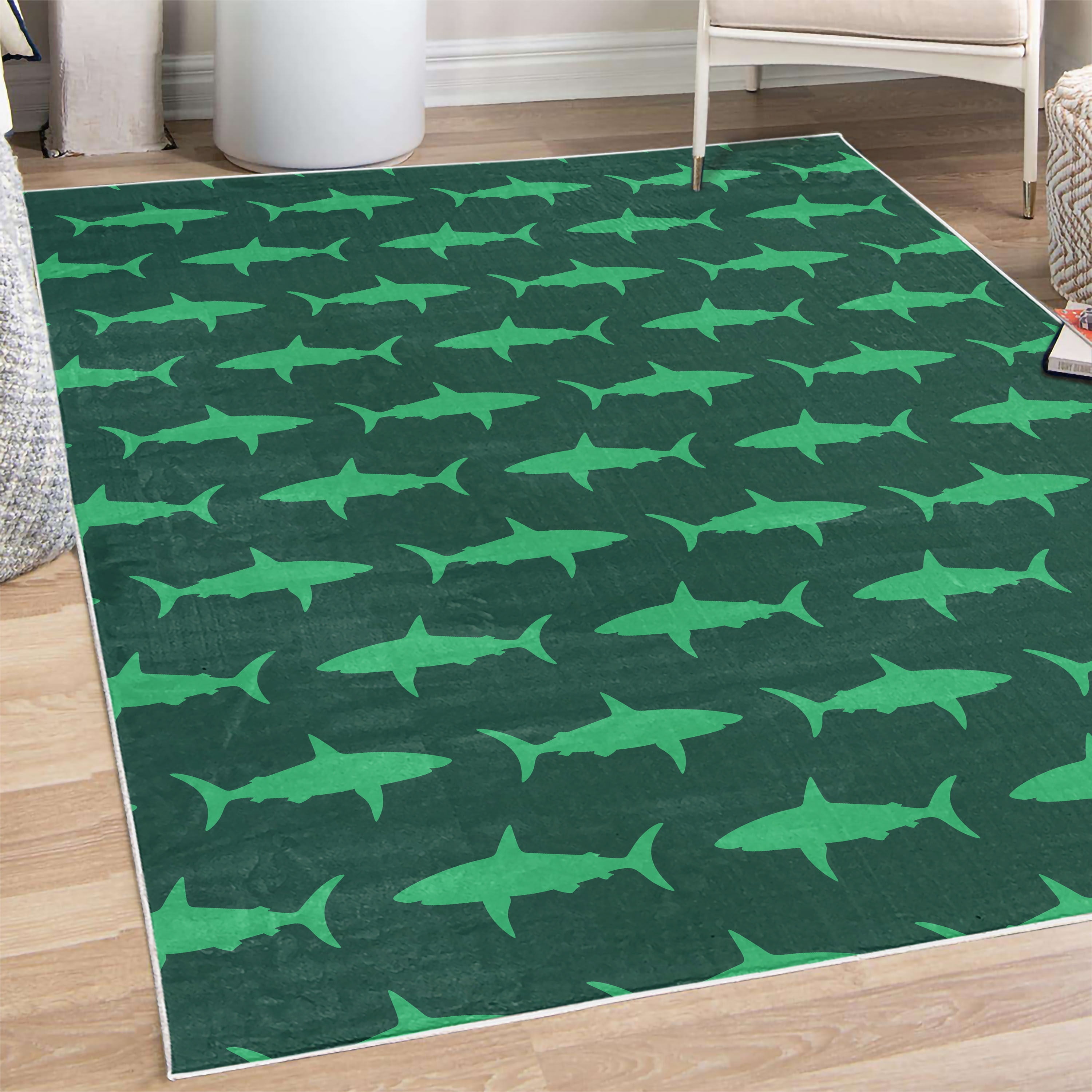 Sea Animals Decorative Rug, Sharks Swimming Horizontal Silhouettes ...