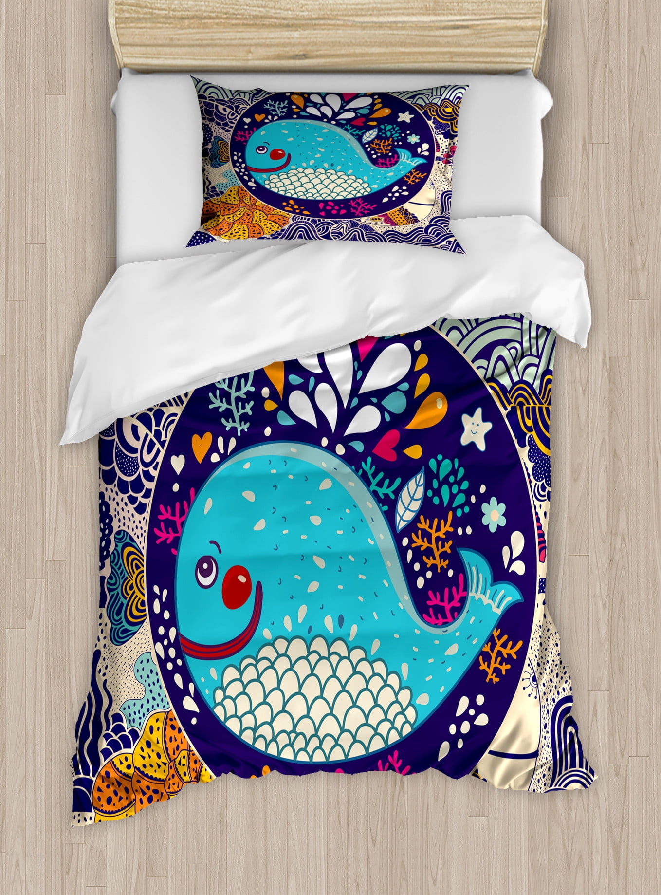 Sea Animals Duvet Cover Set, Cartoon Illustration with Smiling Whale in ...