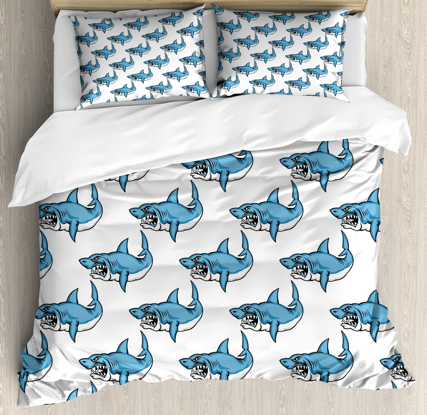 Sea Animals Duvet Cover Set, Fierce Predator Wild Shark Swimming Sharp ...