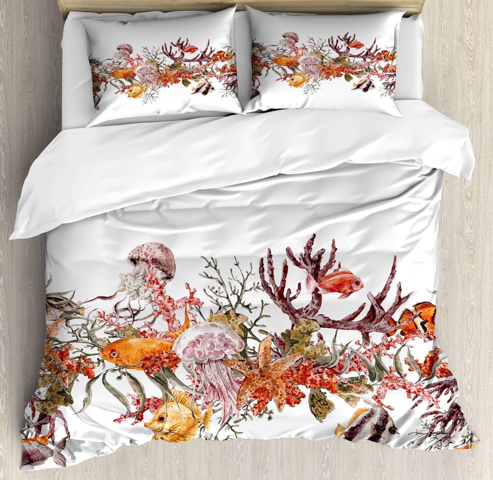 Sea Animals Duvet Cover Set, Fish Seaweed Starfish Coral Algae ...