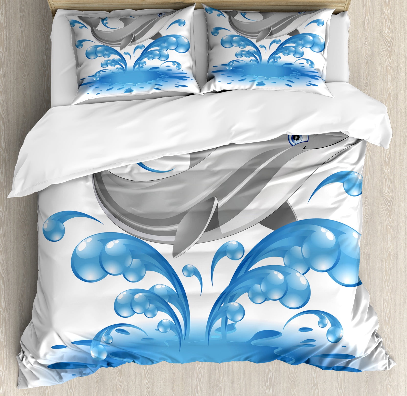 Sea Animals Duvet Cover Set, Jumping Dolphin Animal Character Cartoon ...