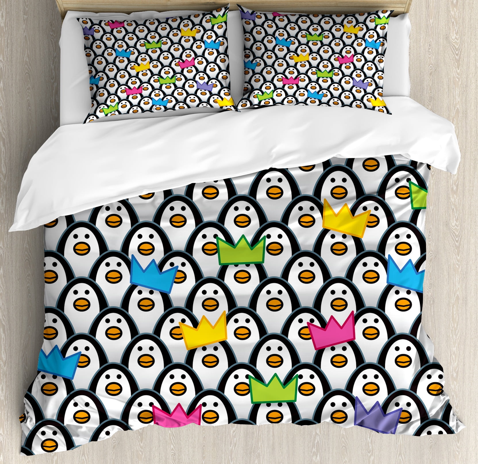 Sea Animals Duvet Cover Set, Penguins Wearing Colored Party Hats Crowns ...
