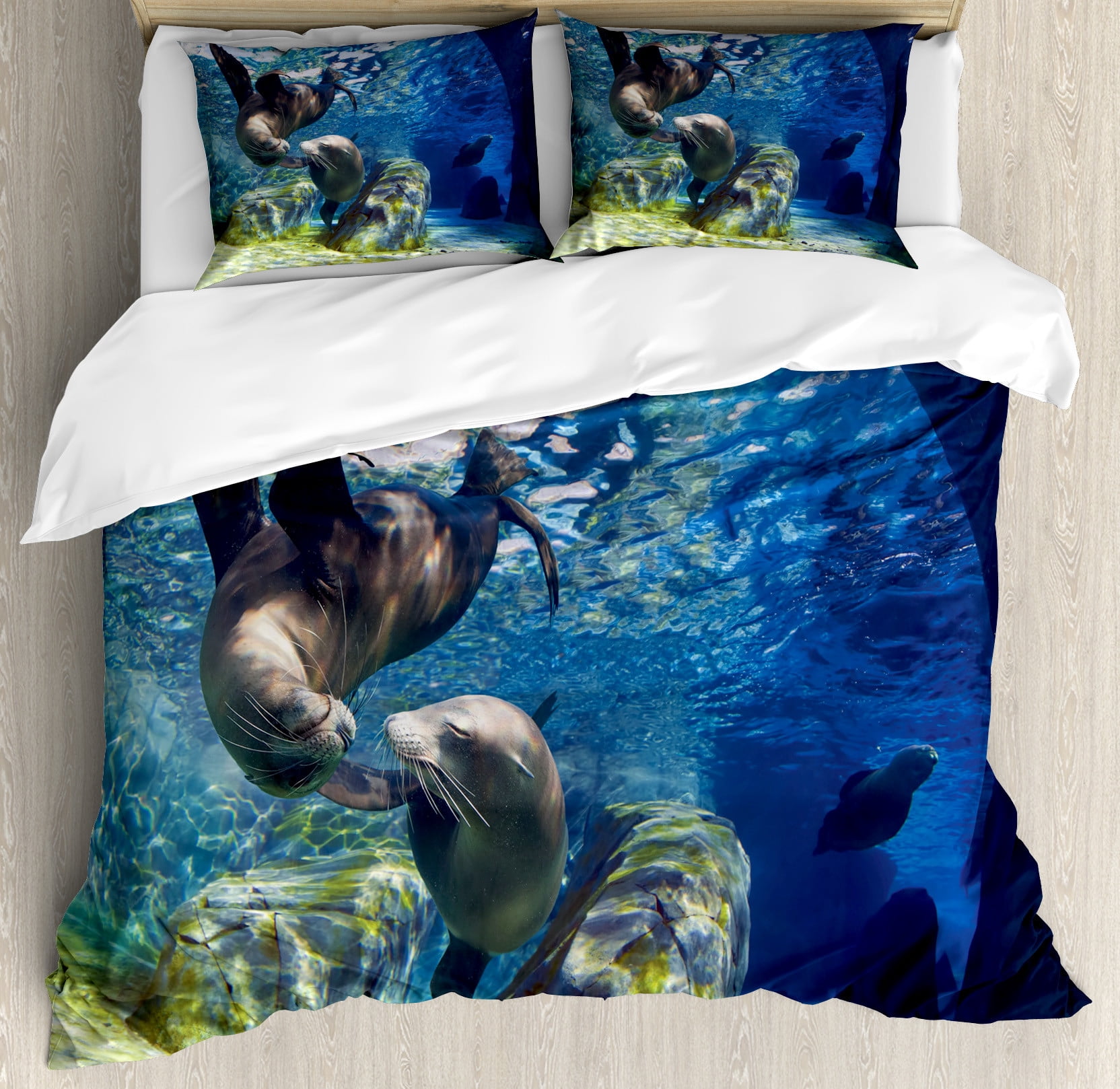Sea Animals Duvet Cover Set, Playful California Sea Lions Swimming in ...