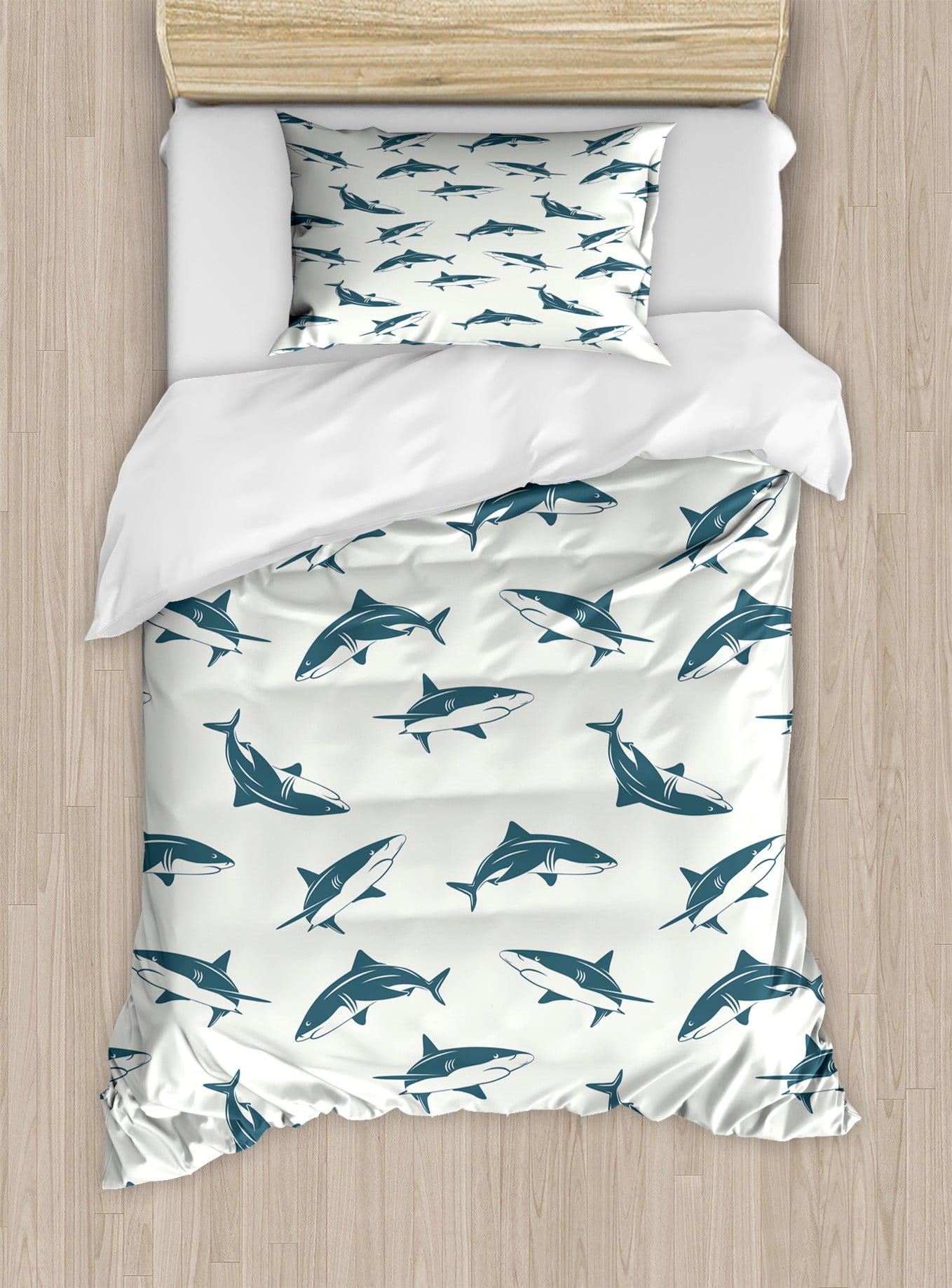 Sea Animals Duvet Cover Set, Repeated Cartoon Sharks Swimming to ...