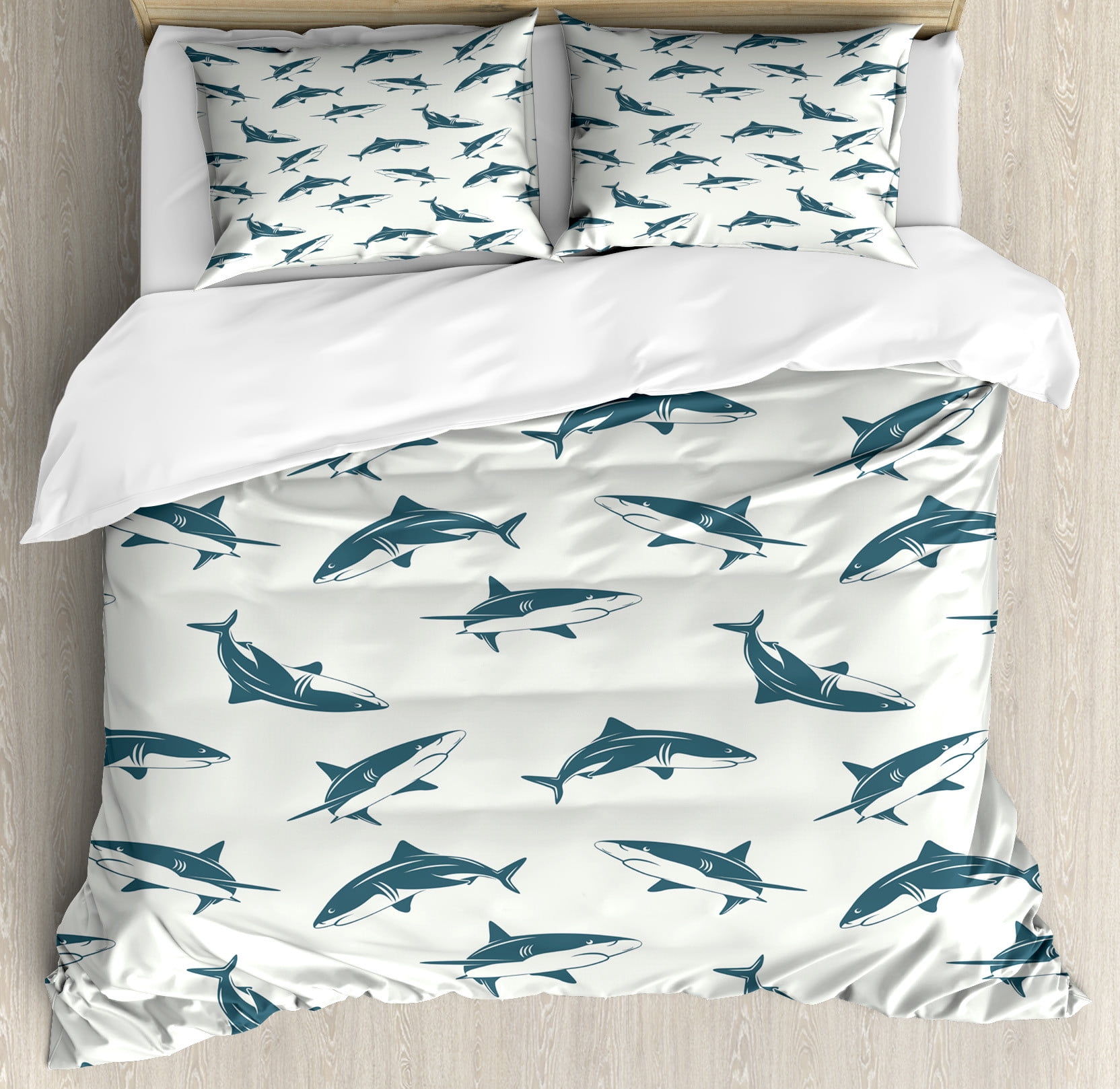 Sea Animals Duvet Cover Set, Repeated Cartoon Sharks Swimming to ...