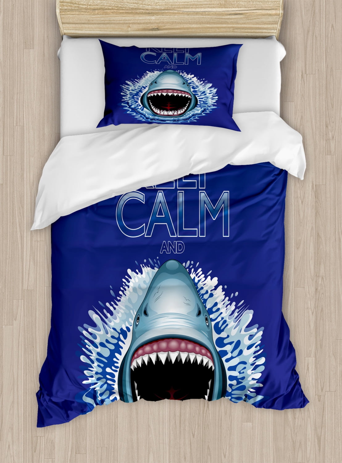 Sea Animals Duvet Cover Set Twin Size, Keep Calm and Shark Jaws Attack ...
