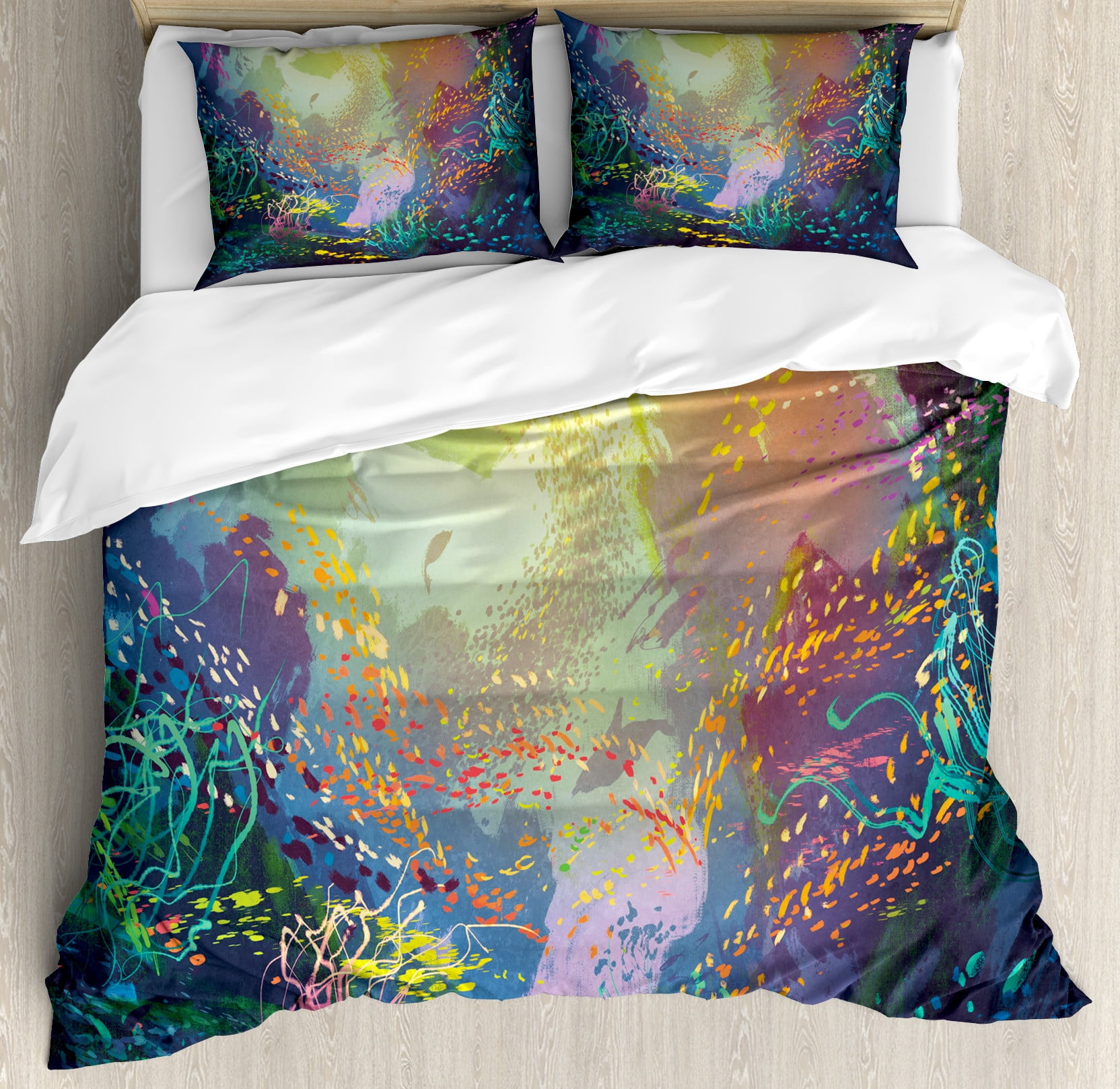 Sea Animals Duvet Cover Set, Underwater with Coral Reef and Colorful ...