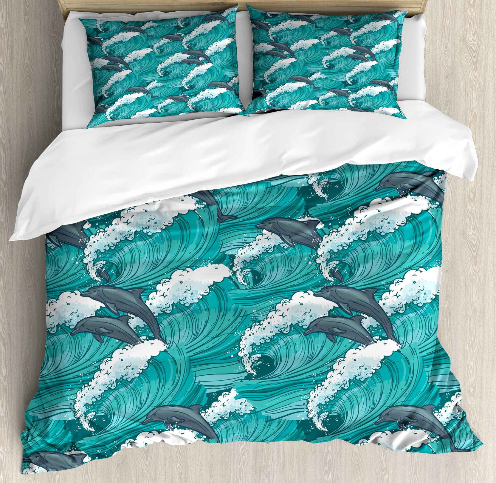 Sea Animals Duvet Cover Set, Wavy Ocean with Dolphins Windy Surfing ...