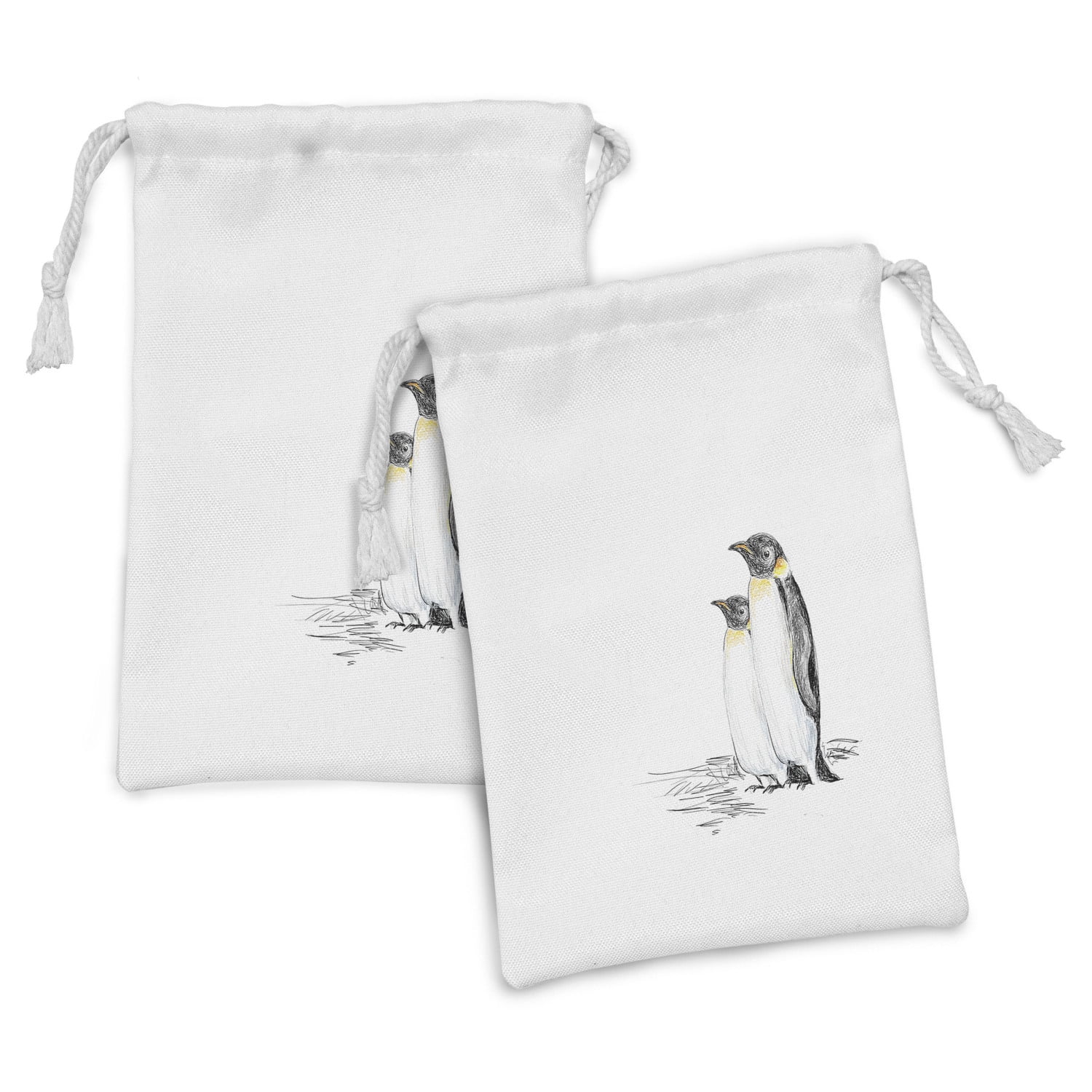 Sea Animals Fabric Pouch Set of 2, Hand Drawn Art Penguins Aquatic ...