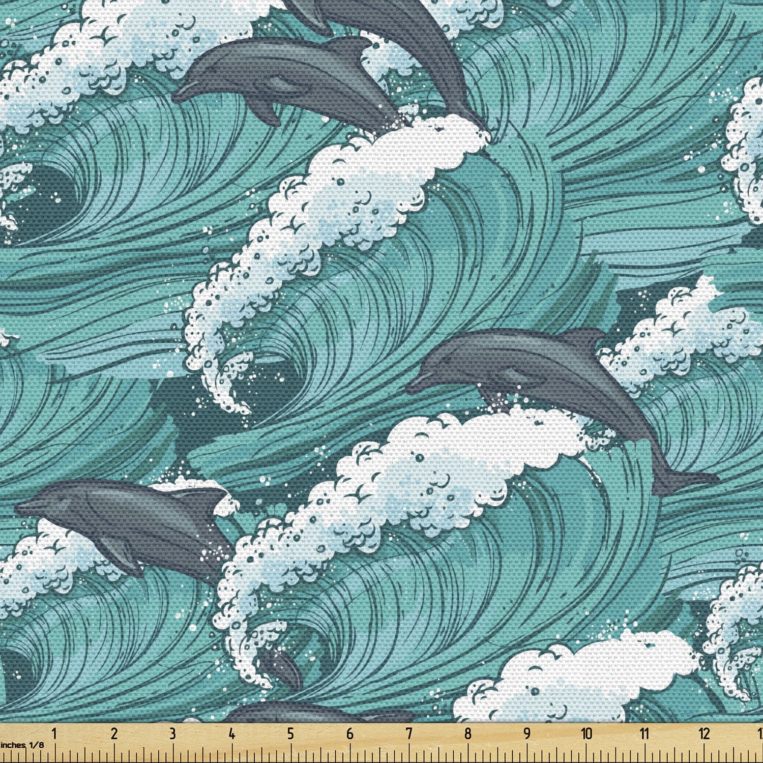 Sea Animals Fabric by the Yard, Wavy Ocean with Dolphins Windy Surfing ...