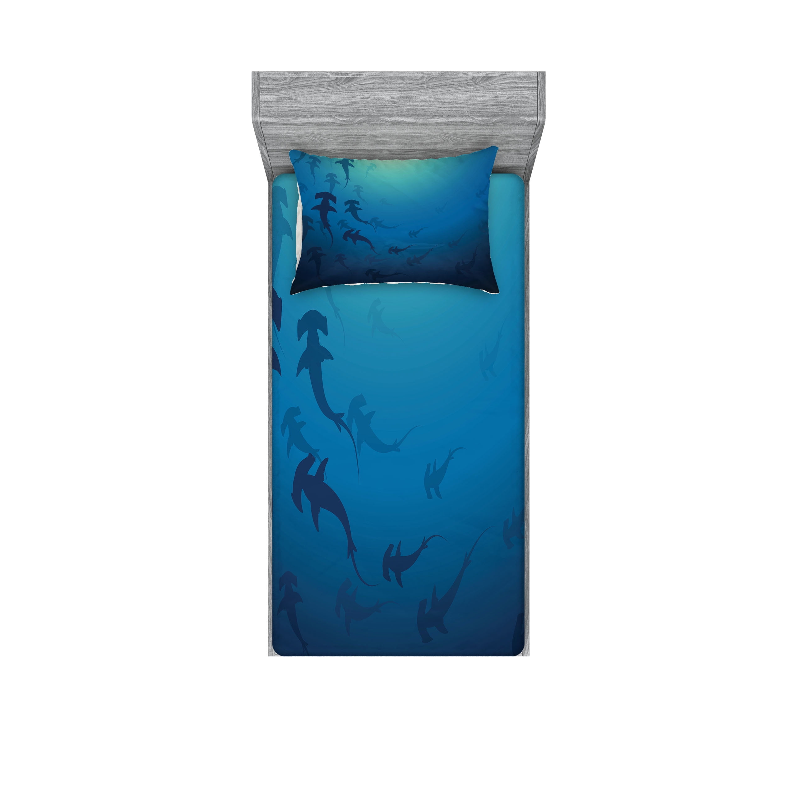 Sea Animals Fitted Sheet & Pillow Sham Set, Hammerhead Shark Scan Ocean ...