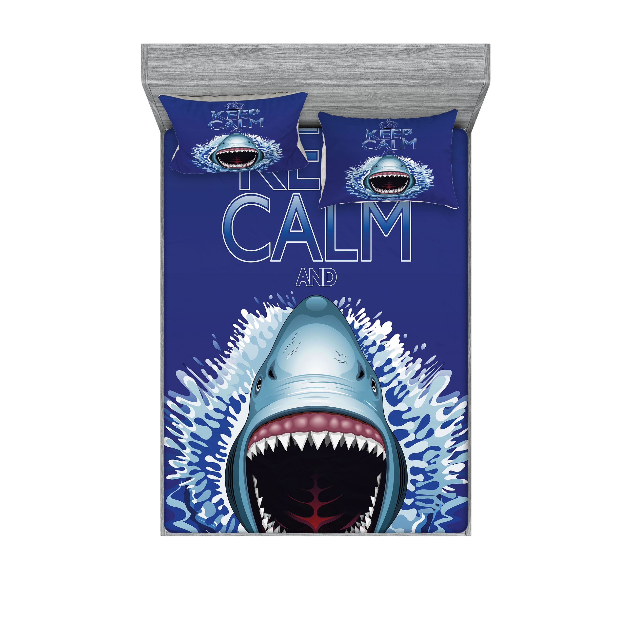 Sea Animals Fitted Sheet & Pillow Sham Set, Keep Calm and Shark Attack ...