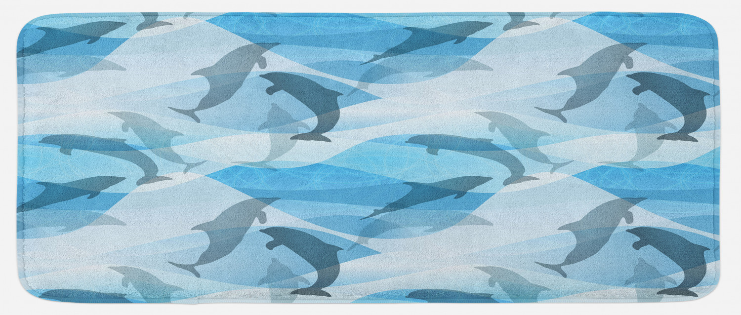 Sea Animals Kitchen Mat, Dolphin Fish Pattern Silhouette Under the Sea Waves in Contemporary ...