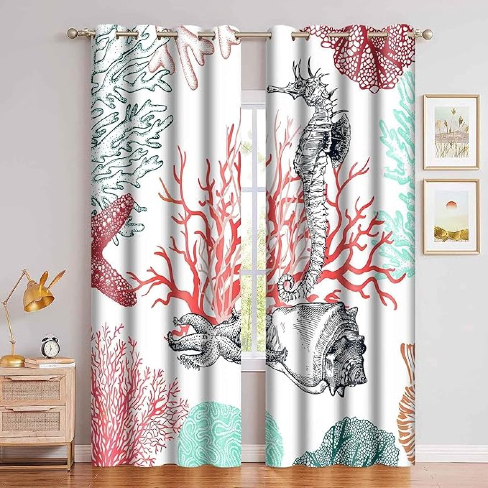 Sea Animals Printed Curtains Coastal Beach Seahorse Starfish Shell ...
