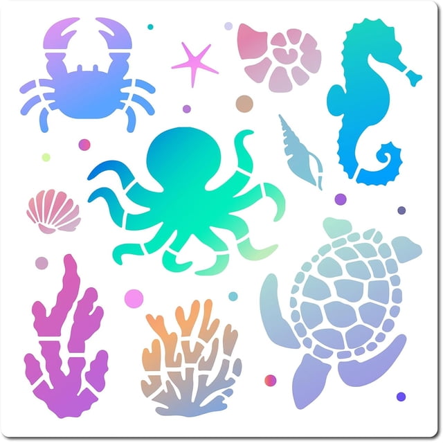 Sea Animals Stencils 30×30Cm Turtle Crab Seahorse Seaweed Octopus ...