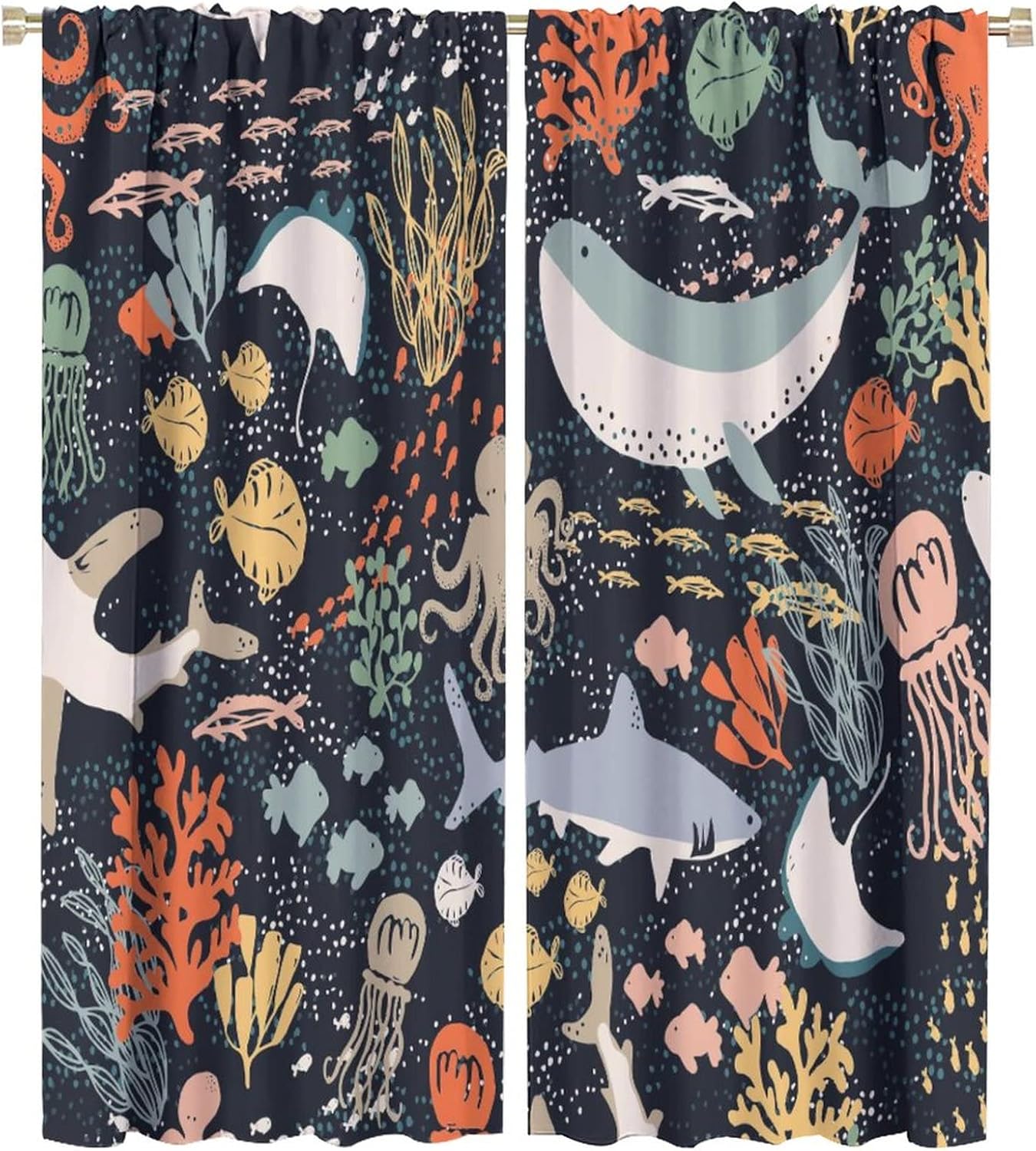 Sea Animals Window Curtains, Cartoon Whales Fish Children Blue Ocean ...