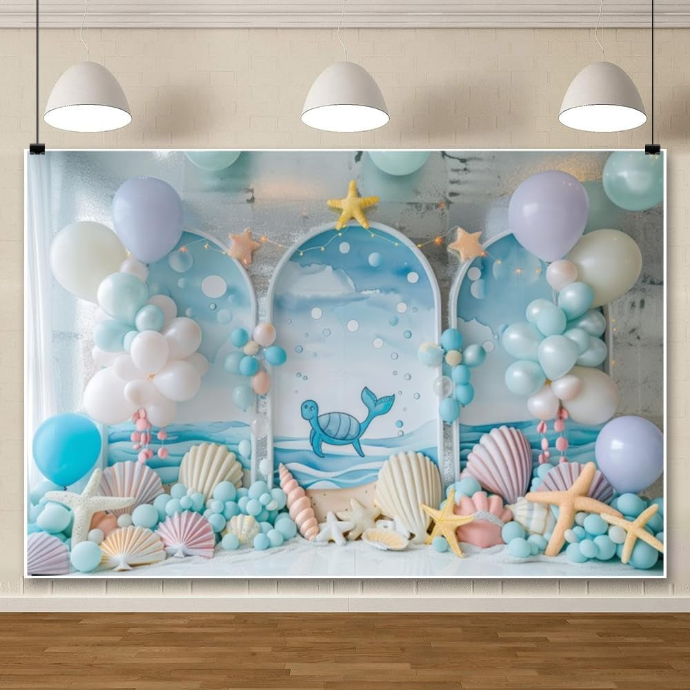 Under The Sea Backdrop Blue Sea Turtle Balloon Sea Shells Ocean Pearl ...