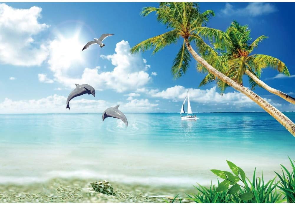 Sea Beach Backdrop Tropical Palm Tree Dolphin Seabird Seascape Summer ...
