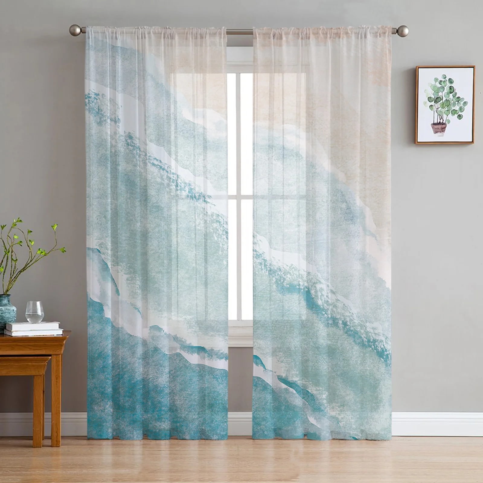 Sea Beach Gradual Blue Khaki Bedroom Transparent Sheer Curtains Holiday ...