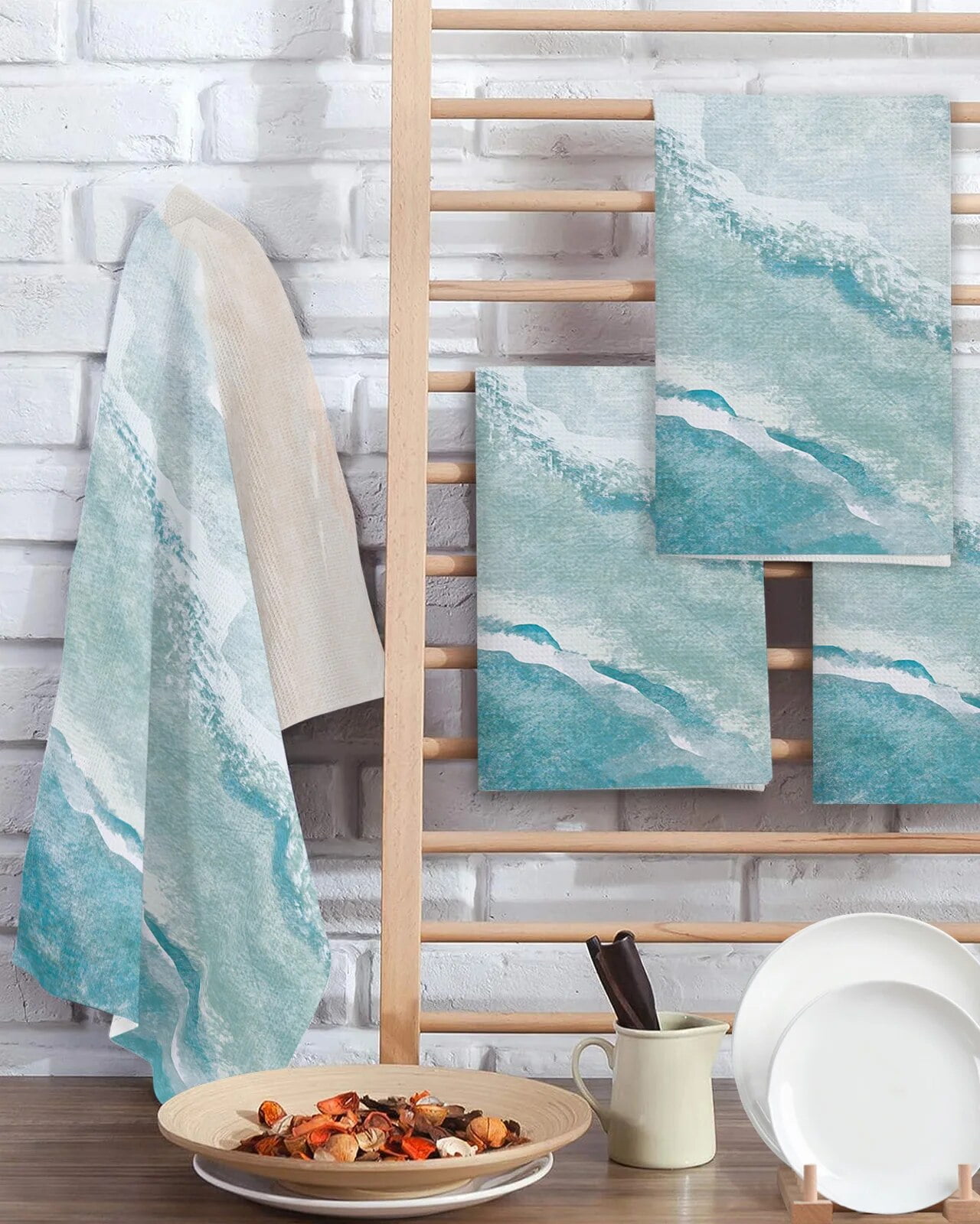 Sea Beach Gradual Blue Khaki Kitchen Cleaning Cloth Towel Waffle Towel ...