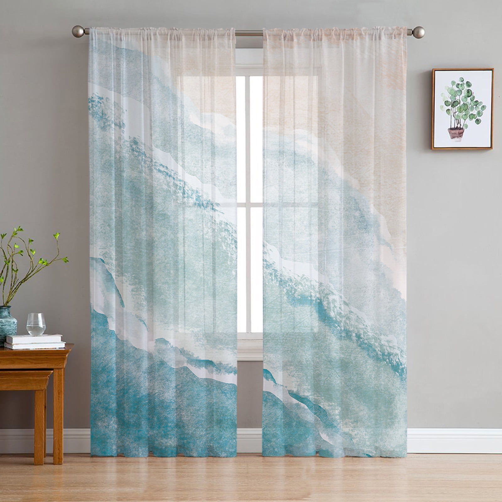 Sea Beach Gradual Blue Khaki Tulle In Sheer Curtains For Living Room ...