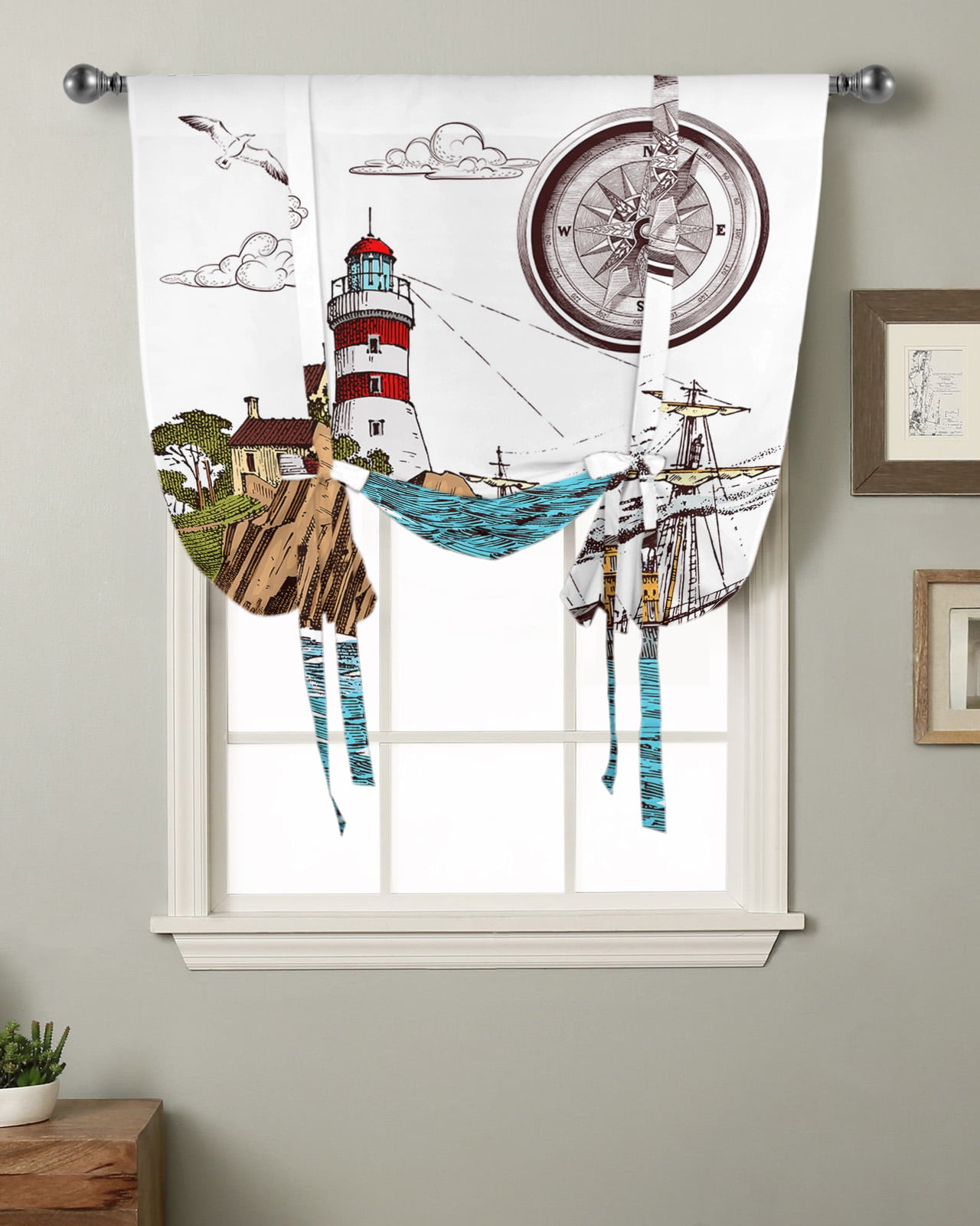 Sea Beach Lighthouse Star Seagull Kitchen Short Window Curtain Modern ...