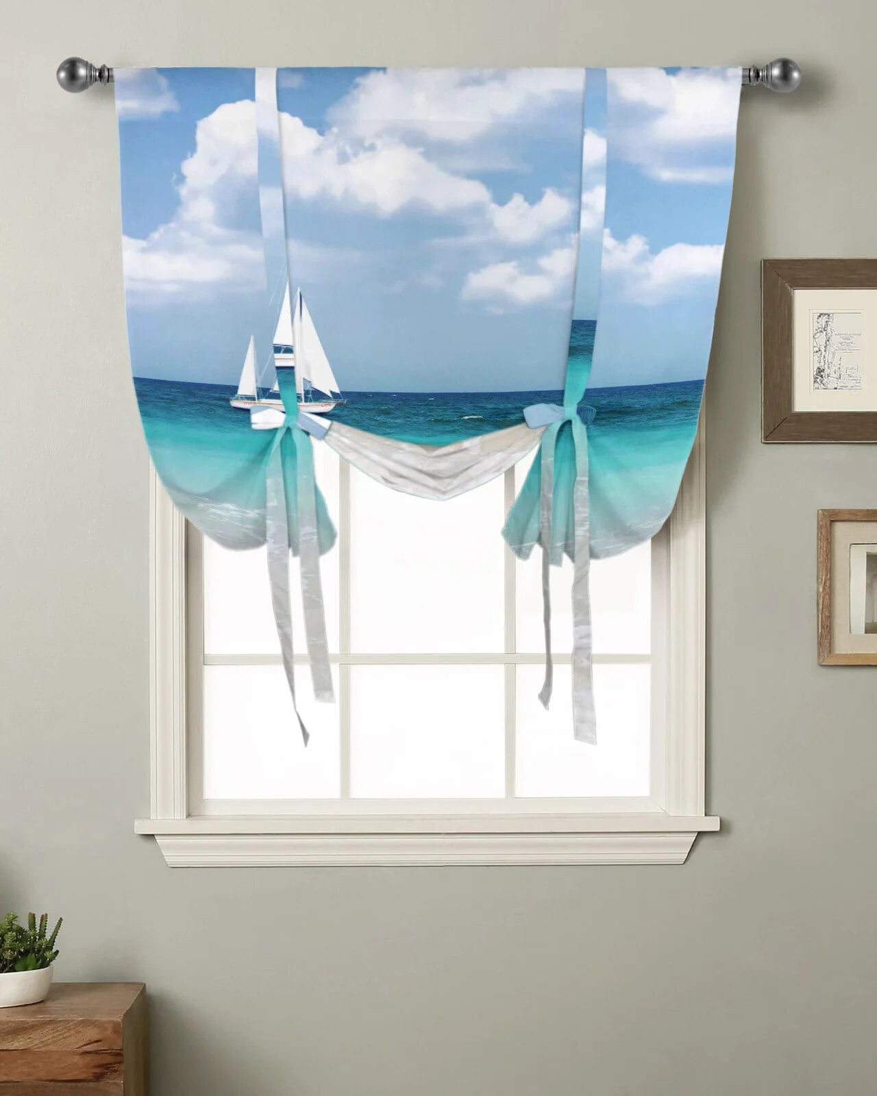 Sea Beach Sailing Clouds Window Curtain for Living Room Roman Curtains ...
