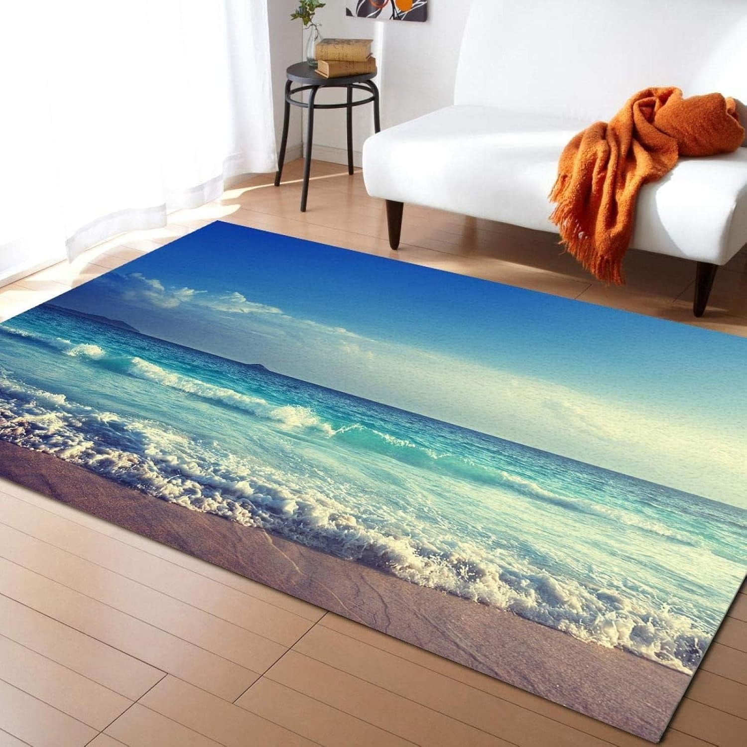 Sea Beach Waves Sunshine White Clouds Rug, Natural Scenery Print Area ...