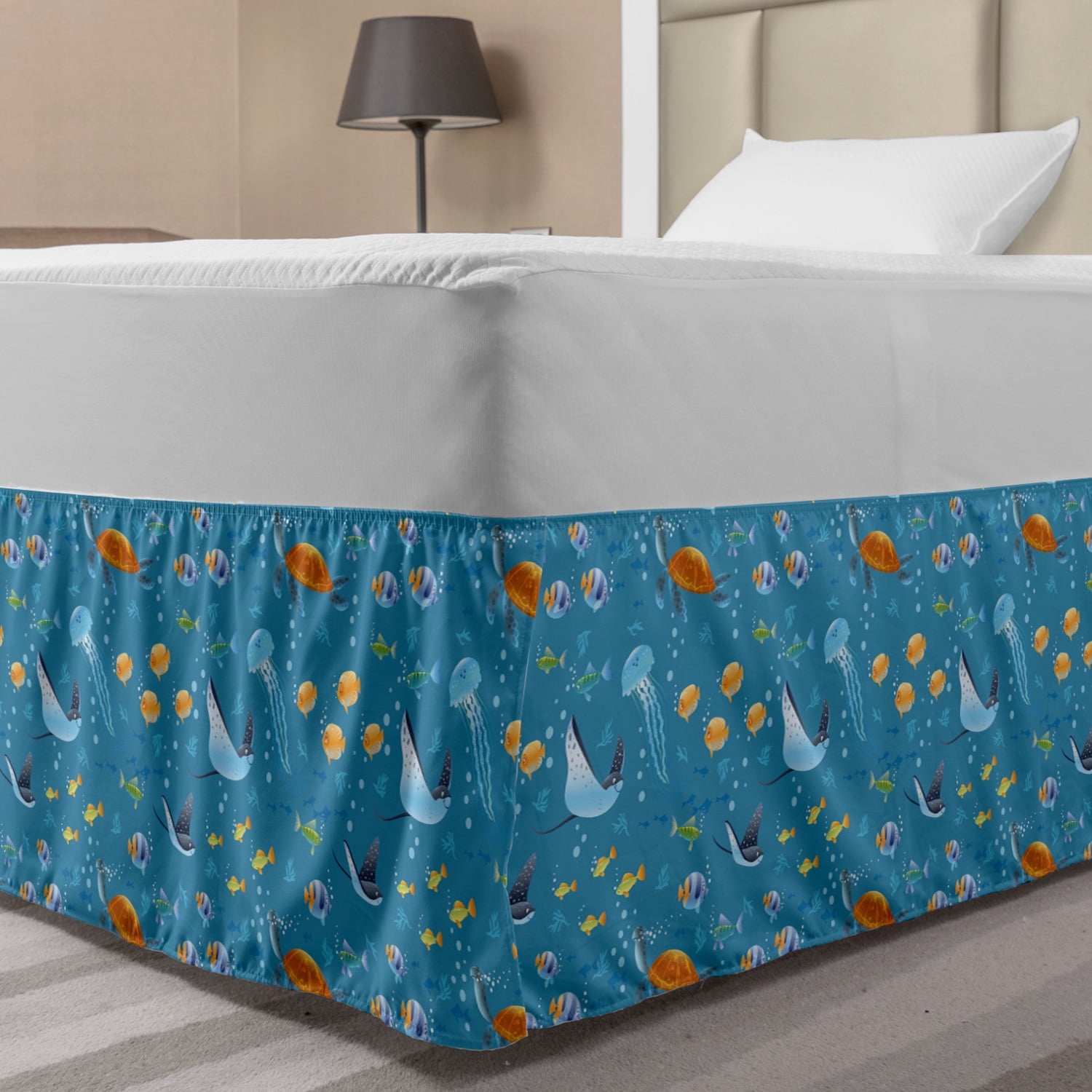 Under the Sea Bed Skirt, Cartoon Style Fish Turtle Swimming Underwater ...