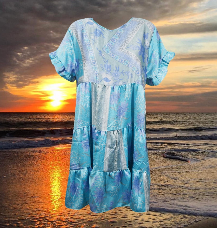 Sea Blue Summer Dress, Short Beach Dress, Soft, Casual, Tiered, Recycle ...