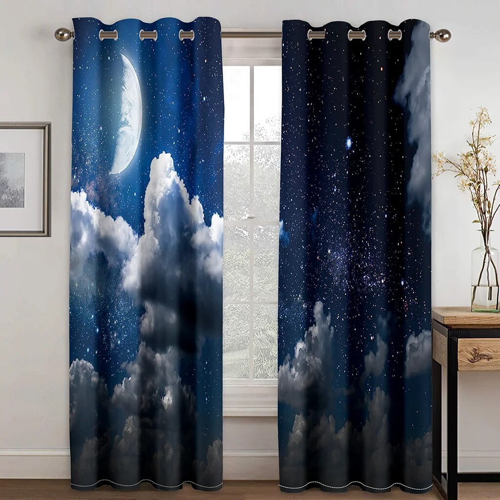 Sea Clouds Moon Night Natural Scenery Curtains for Children's Bedroom ...