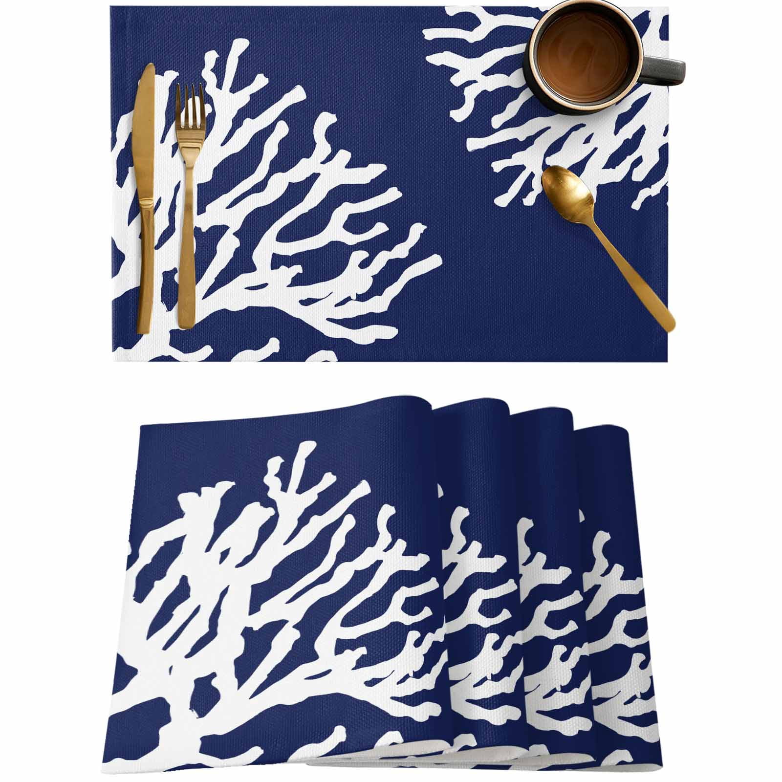 Sea Coral Navy Blue Placemats Set of 4,Wipeable Washable Table Mats for ...