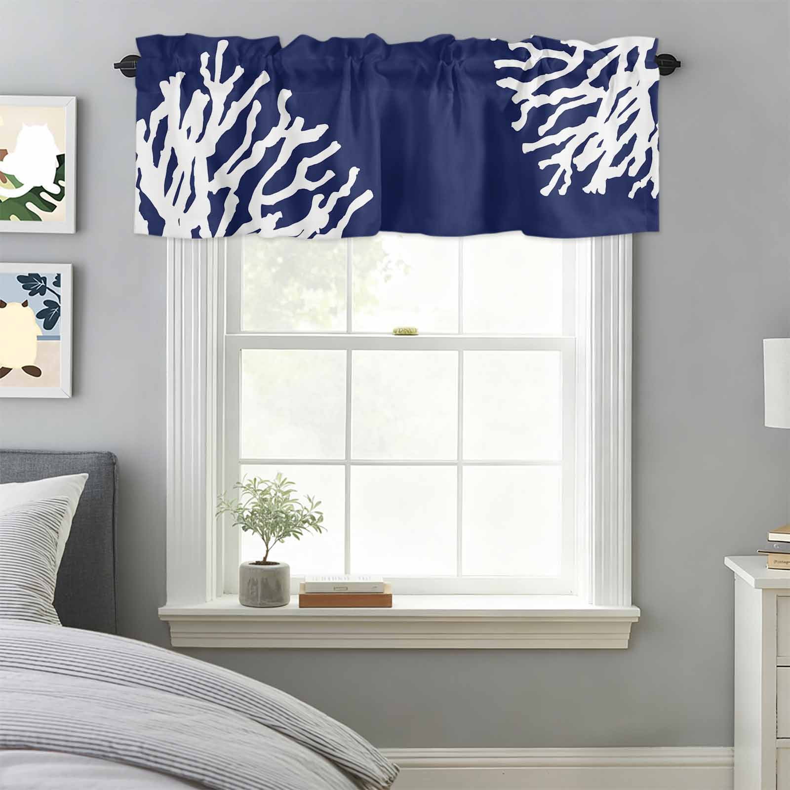 Sea Coral Navy Blue Valances for Windows,Rod Pocket Valance for Kitchen ...