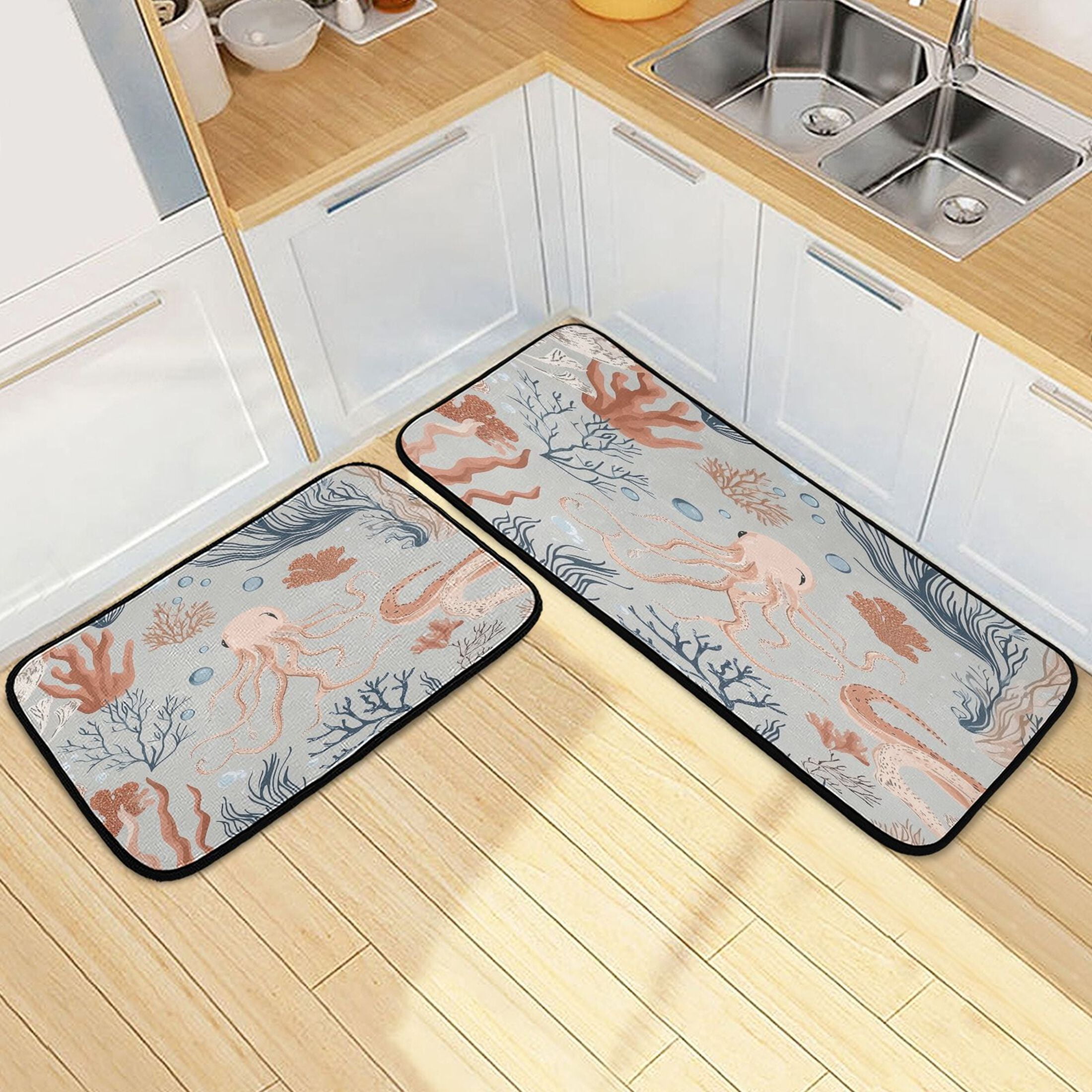 Sea Creatures Pattern 2 Piece Non Slip Kitchen Mat Set with Soft Memory ...