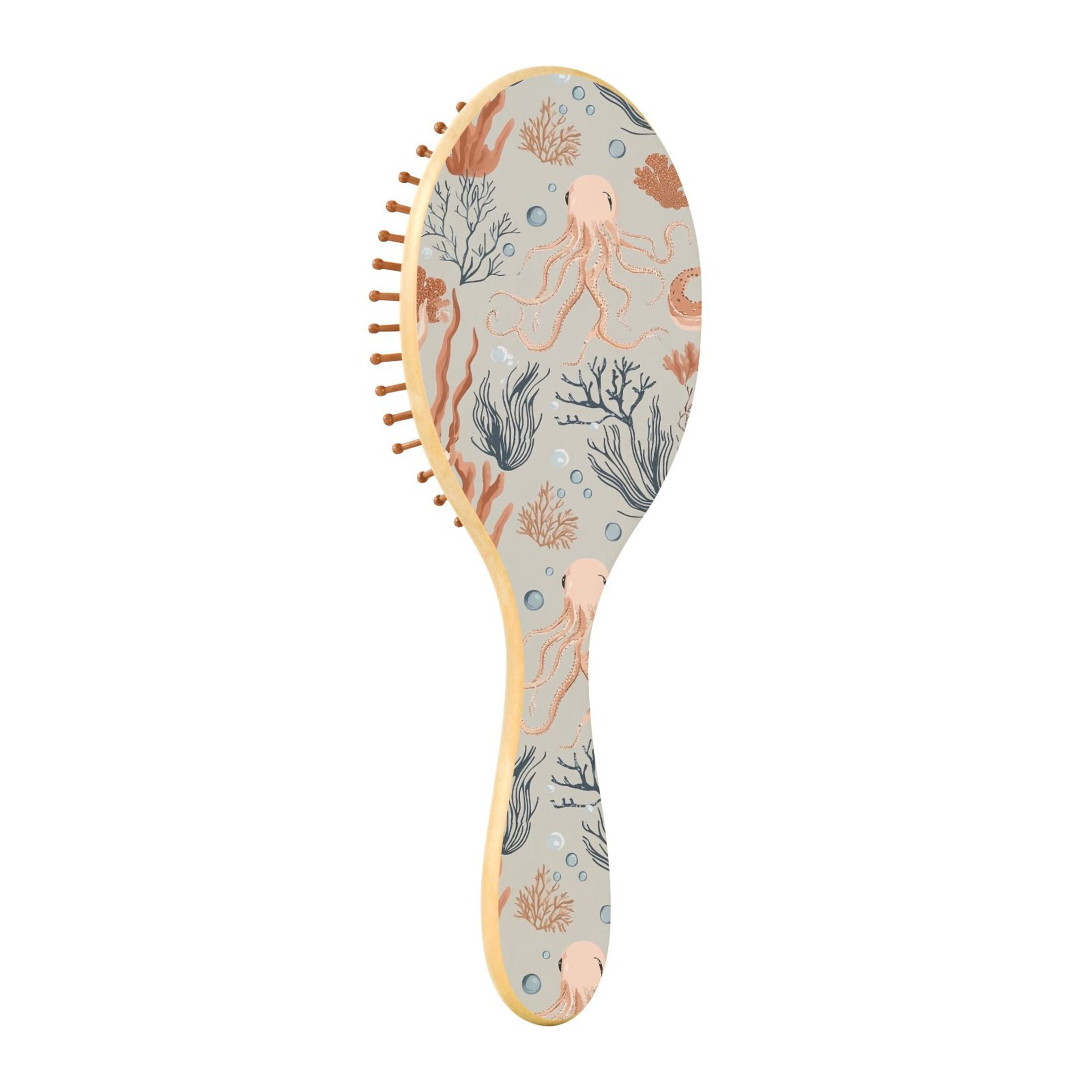 Sea Creatures Pattern Natural Wooden Hair Brush with Cushion for Gentle ...