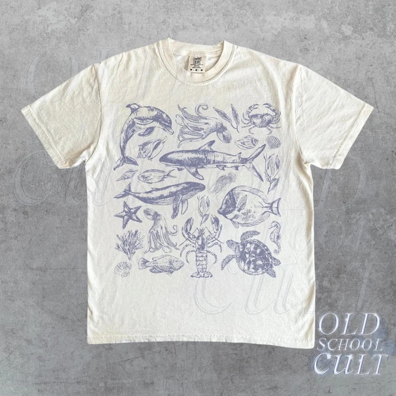 Sea Creatures Retro Vintage Ocean Life Beach Style T-Shirt - Walmart.com