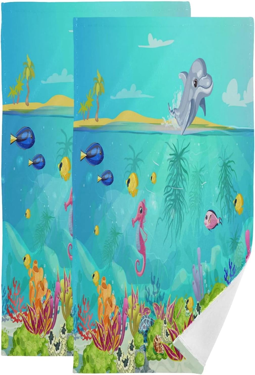 Sea Dolphin Fishes Hand Towels 2 PCS, Seahorse Shells Plants Kitchen ...