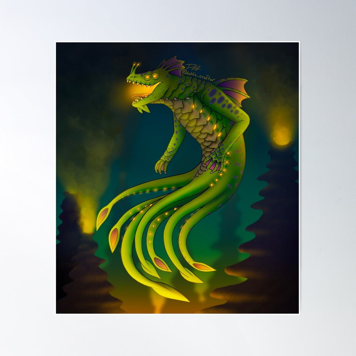 Sea Dragon Leviathan With Volcano Poster Wall Art, Modern Wall Decor ...