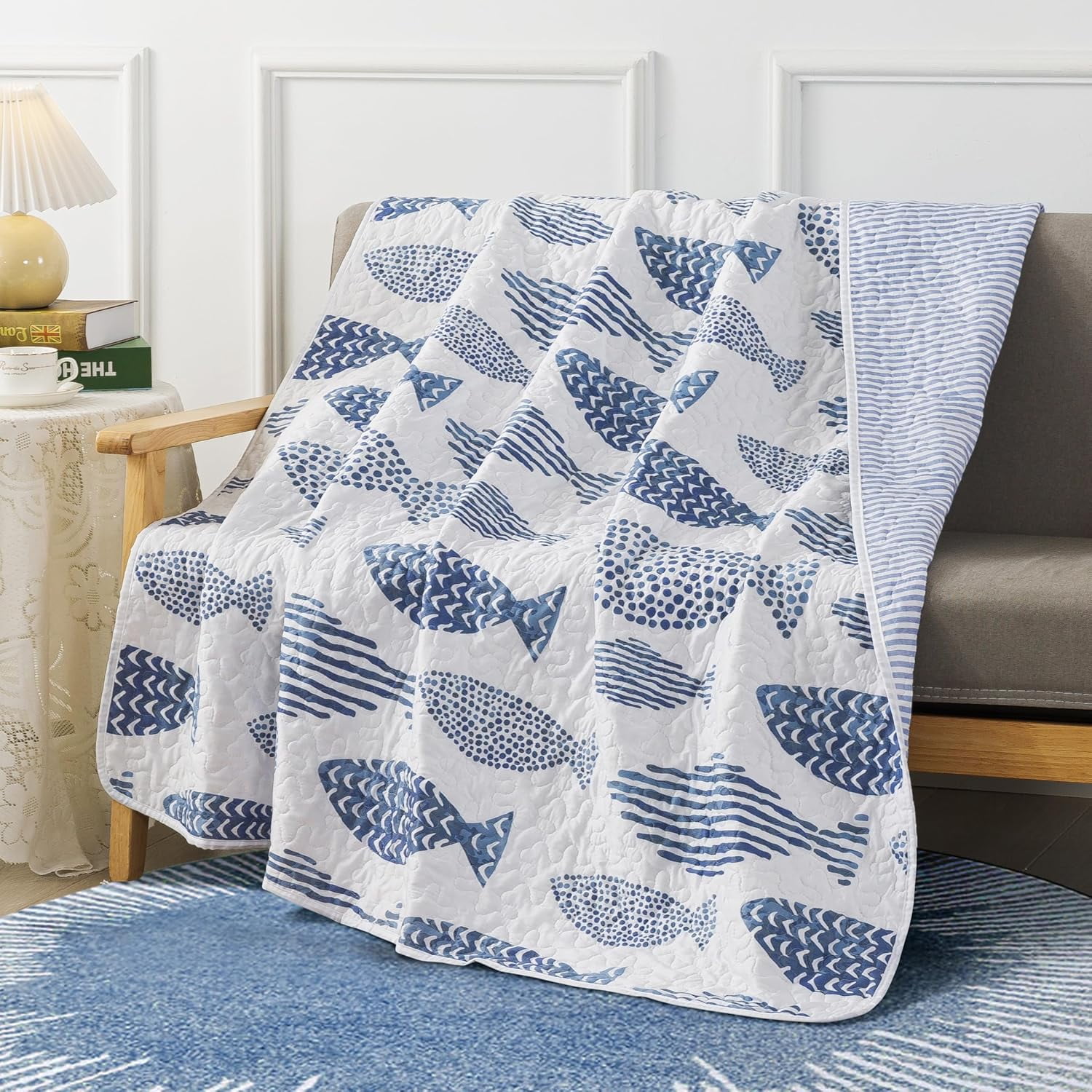 Sea of Dreams 50" X 60" Quilted Throw Blanket, Blue and White Ocean ...