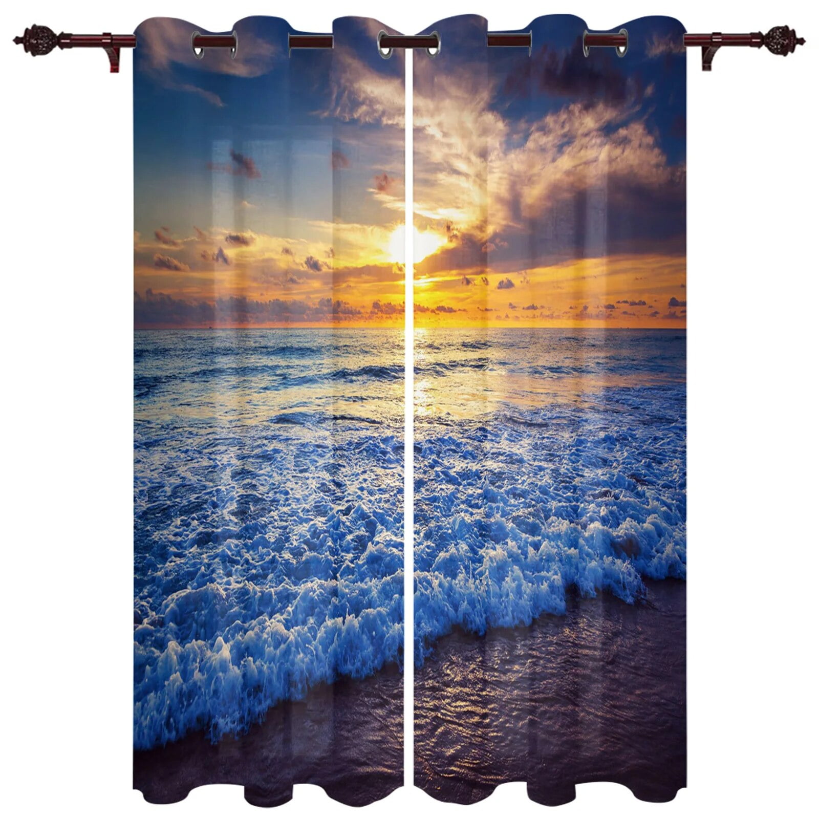 Sea Dusk Sunset Waves Clouds Modern Window Curtains for Living Room ...
