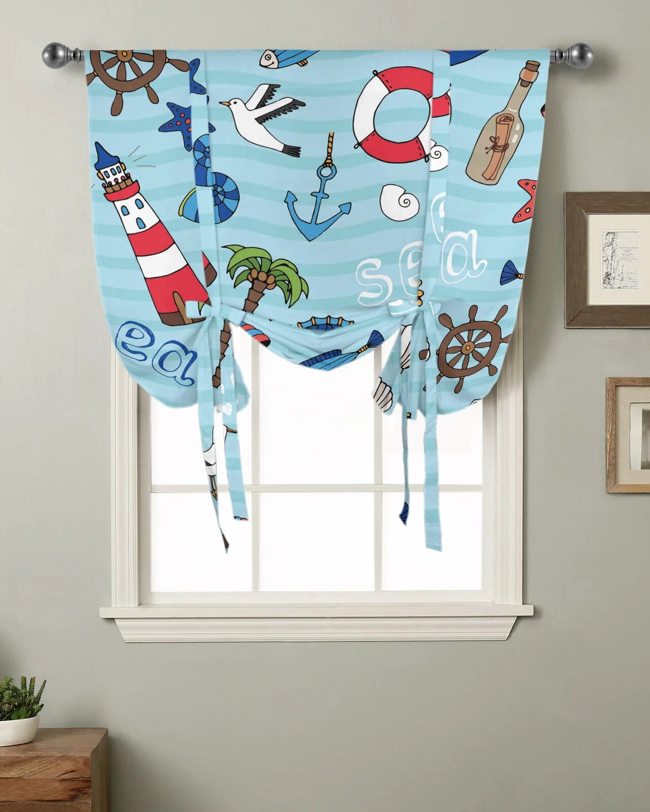 Sea Element Lighthouse Cruise Ship Seagull Kitchen Short Window Curtain ...