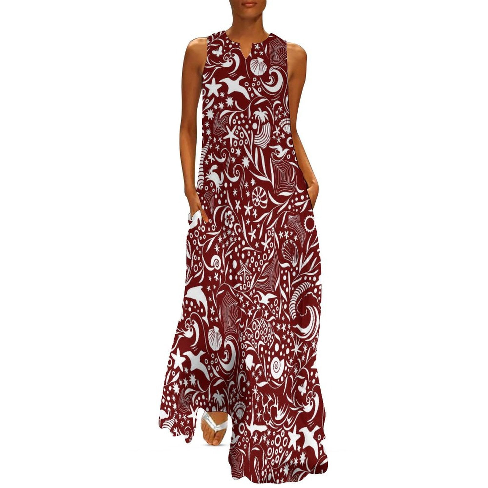 Sea Fish Dolphin Waves Dress Red White Ocean Vintage Maxi Dress ...